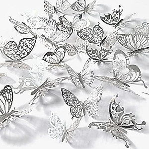 Ewong 3D Butterfly Decoration 60Pcs Wall Decal, Birthday Cake Party Decor 5 Style Sticker Art Craft, Kid Nursery Classroom Wedding Baby Shower Girl Bedroom Home Room Office Gift Decorative (Silver)