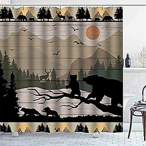 Dia Magico 4PCS Black Bear Shower Curtain Set with Rugs, Sun Mountain Birds Deer Elk Moose Wildlife Hunting Cabin Lodge Pine Tree Woodland Country Rustic Farmhouse Bathroom Decor, Mother Bear & Cubs