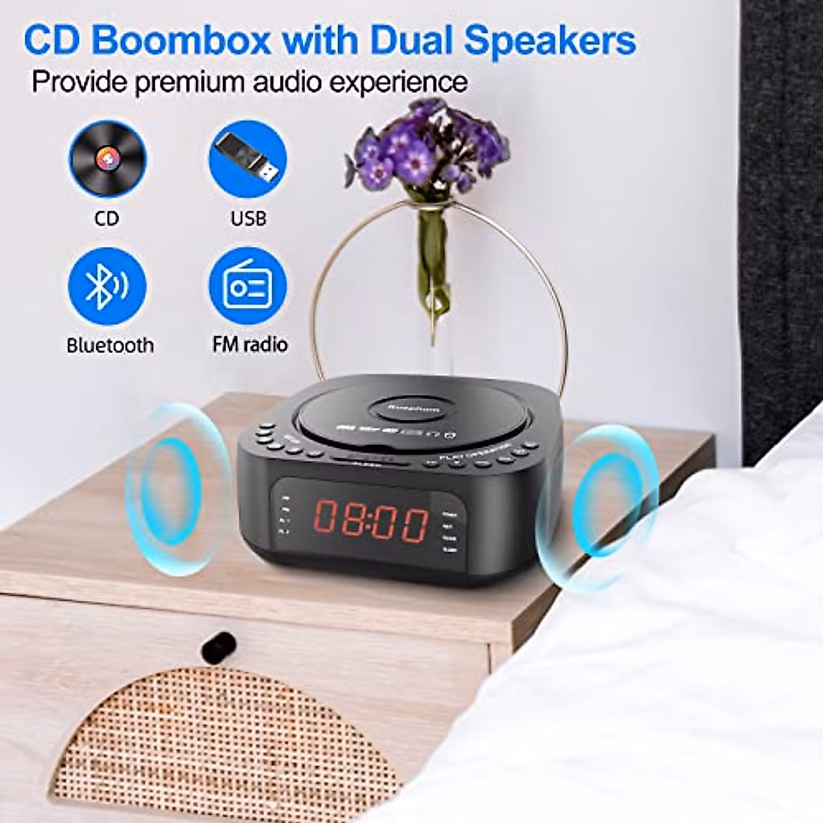 Kuephom CD Players for Home with Alarm Clock,Boombox CD Player with Bluetooth and Radio,DVD Players for TV,USB Ports for Playing and Charging,RCA ouput displaying Video and Picture,with Remote