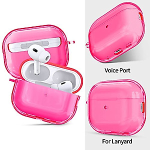 AIRSPO Airpods Pro 2nd Generation Case Cover, Clear Soft TPU Protective Cover Compatible with Apple AirPods Pro 2 Wireless Charging Case with Keychain and Lanyard (Neon Hot Pink)
