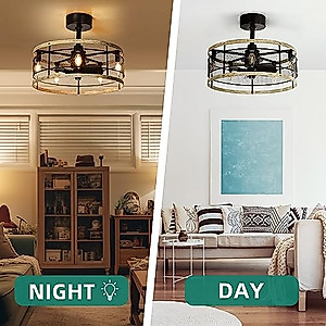 YITAHOME 20'' Modern Enclosed Ceiling Fan Indoor with Remote Control, Caged Industrial Ceiling Fan, Reversible Motor, 6 Speeds, Timer, for Living Room, Bedroom, Kitchen, Black & Oak