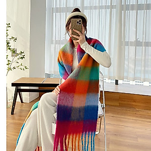 OUNIYA Large Chunky Plaid Scarf Checked Colorful Oversized Scarves Soft Big Cashmere Wool Thick Winter Warm Blanket Women (rainbow)