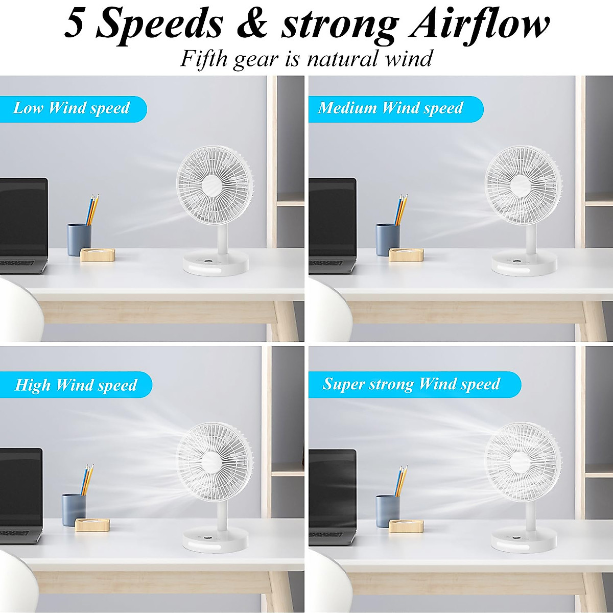 Generic USB Quiet Desk Fan, Personal Rechargeable Battery Operated Desk Fan with 5 Speeds, Powerful Fan Table Fan for Dorm Bedroom Desktop Office, White