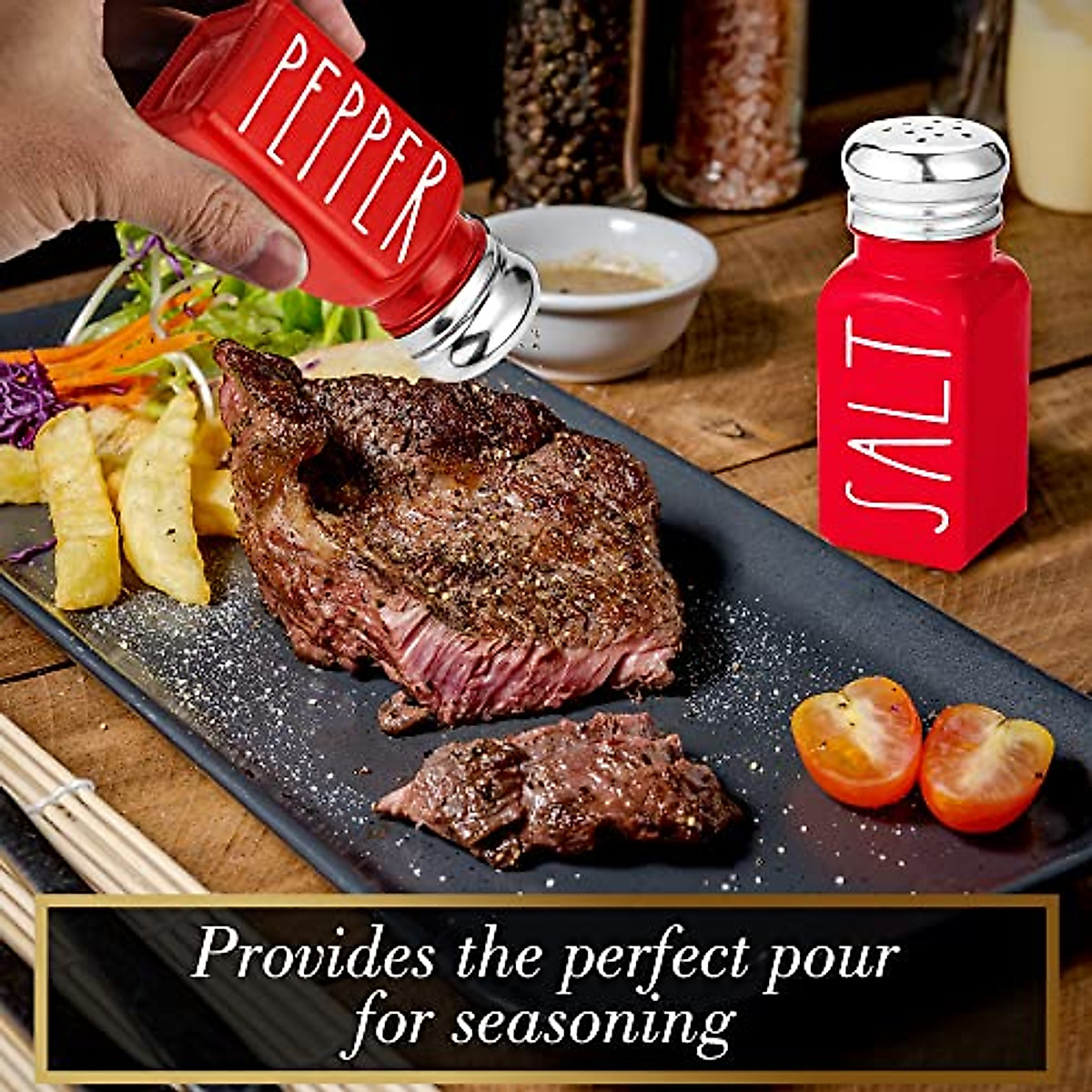 Red Salt and Pepper Shakers Set by Brighter Barns - Farmhouse Red Kitchen Decor and Accessories for Home Restaurants Weddings - Cute Modern Glass Christmas Red Shaker Sets & Stainless Steel Lid (Red)