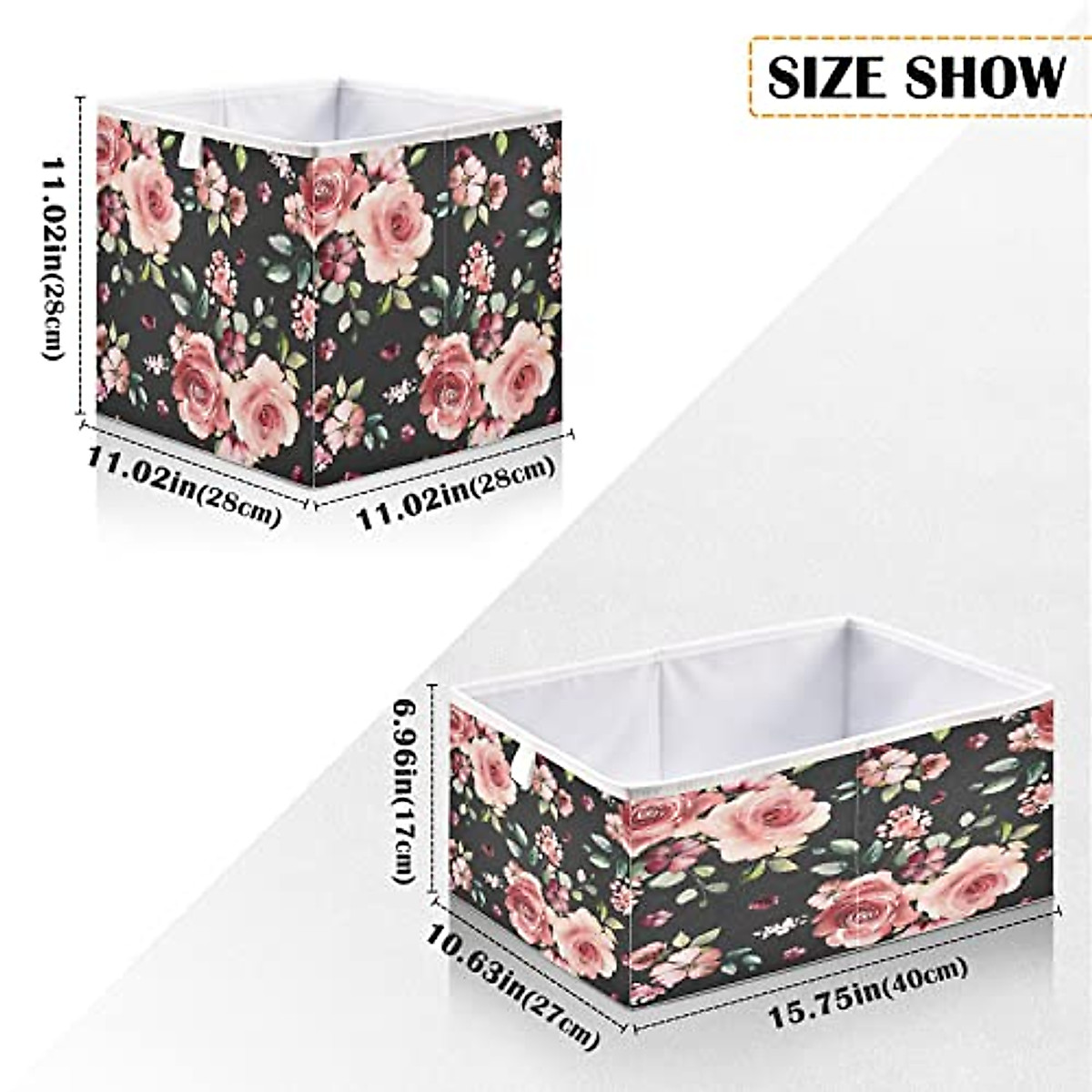 ALAZA Collapsible Storage Cubes Organizer,Rose Flowers Floral Black Storage Containers Closet Shelf Organizer with Handles for Home Office