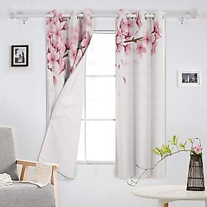 CHARMHOME Grommet Curtain Pink Cherry Blossom with Branches Garden Art Print Window Curtains Draperies for Bedroom and Living Room, Set of 2 Panels, 52 by 63-Inch
