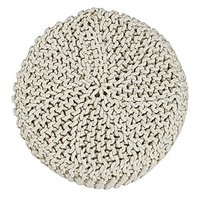 REDEARTH Cylindrical Hand Knitted Pouf - Foot Stool Ottoman - Cord Boho Pouffe - Cotton Round Poof for Home Decor - Living Room - Nursery - Bedroom - Patio (16" x 16" x 16") - Ivory