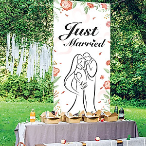 DPKOW Pink White Just Married Banner (6x3 feet) - Premium Wedding Engagement Party Decoration, Bridal Shower Door Cover, Romantic Rose Design, Tear Resistant, Reusable