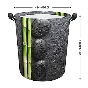 Oyihfvs Black Zen Basalt Stones with Dew Green Bamboo on Dark Collapsible Waterproof Laundry Hamper with Handles, Tall Washing Storage Large Organizer Round Basket Bin for Toys Clothes