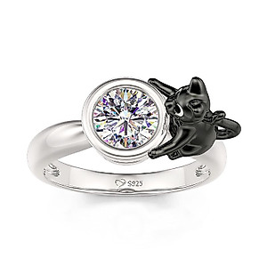 Jeulia Gothic Skull Round Cut Rings: Sterling Silver Hug Me Diamond Skeleton Solitaire Band Ring Wedding Promise Anniversary Halloween Romantic Jewelry for Women with Gift Box (Black Cat, 5)