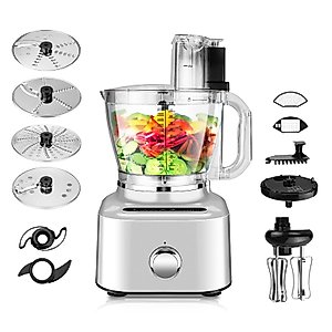 Homtone 16 Cup Food Processor, Aluminum-Diecast Food Processors, 5 Preset Modes Vegetable Chopper Electric, 8 Blades 11 Functions for Home Use, Stepless Speed Control, 650W, Sliver