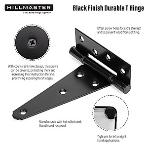 HILLMASTER 6 Inch T-Strap Heavy Duty Shed Door Hinges Gate Strap Hinges Black Tee Hinge Wrought Hardware for Wooden Fences,Yard,Barn Door,Rustproof(2 Pack)