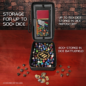 ENHANCE Tabletop Community DND Dice Case and Dice Rolling Tray - Dice Holder and Storage for up to 500 RPG Dice with Rugged Protective Design, Soft Interior, and Organizer Pockets (500 Dice Capacity)