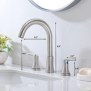 SHACO Brushed Nickel Bathroom Faucet, Bathroom Faucets for Sink 3 Hole, 8 Inch 360° Swivel Spout Widespread Vanity Faucet, 2 Handle Bathroom Sink Faucet with Supply Hoses & Overflow Drain