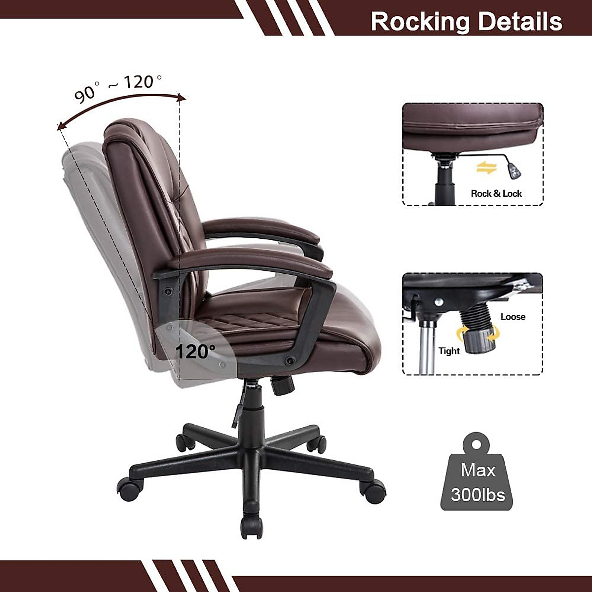 Qulomvs Executive Office Chair Mid Back, Ergonomic Office Desk Chair with Wheels Back Support, Computer Task Work Chair with Arms 360 Swivel (Brown)