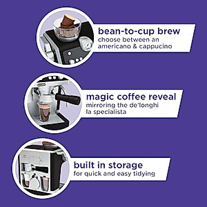 Casdon De'Longhi Toys Barista Coffee Machine. Toy Kitchen Playset for Kids with Moving Parts, Realistic Sounds and Magic Coffee Reveal. For Children Aged 3+, Silver, Black