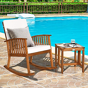 Tangkula Acacia Wood Patio Bistro Set, Outdoor Rocking Chair with Table, Porch Rocker with Thick Cushion of Detachable Cover, Porch Rocking Chair Table Set for Outdoor Indoor Patio Backyard, Teak