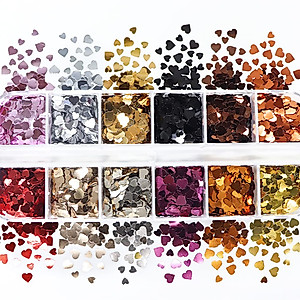 12 Grid 3D Love Heart Holographic Nail Art Sequins Valentine's Day Nail Supplies Valentine Heart Nail Glitters Sequins Heart Nail Acrylic Decorations DIY Nail Beauty Accessories for Women Girls