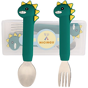 NICINGU Baby Dinosaur Spoons Fork Sets,Kids Silverware with Silicone Handle,Toddler Utensils