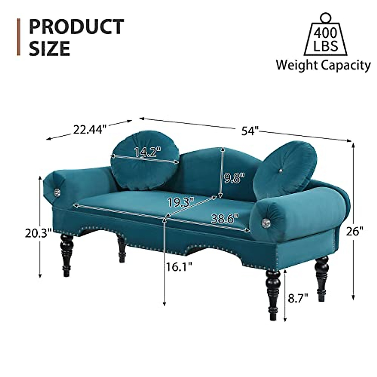 GNIXUU 54” Modern Small Loveseat Sofa, Mid Century Love Seat Couch Settee Velvet Tufted 2 Seater Couches Bedside Entryway Bench with 2 Pillows Nailhead Trim for Bedroom, Living Room(Teal)