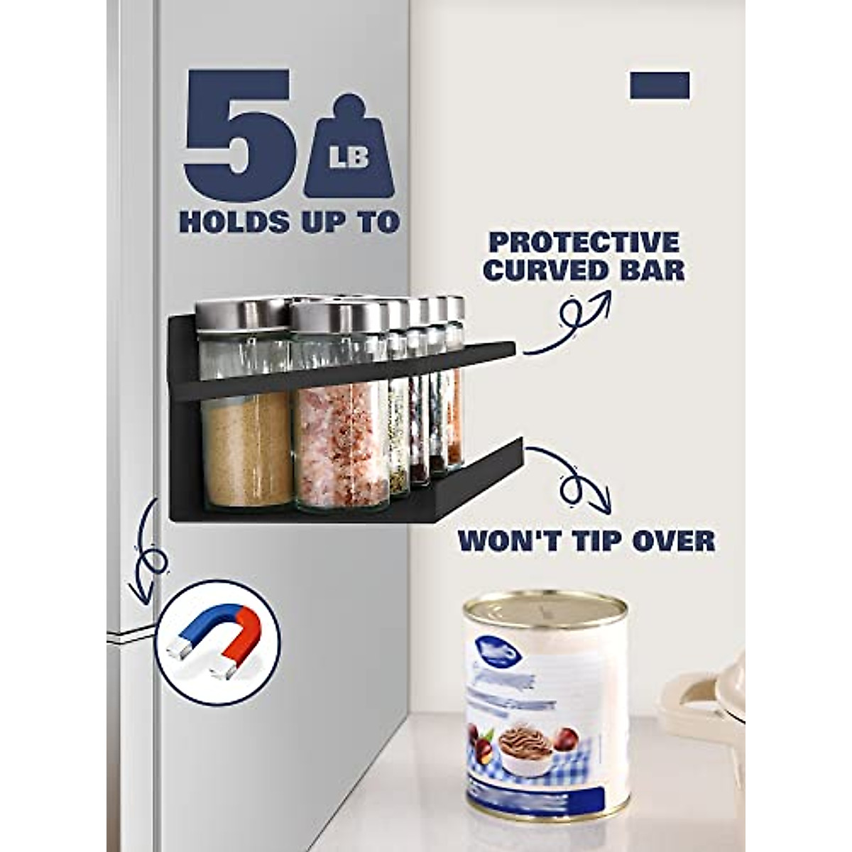 BRONYPRO Magnetic Spice Rack, 2 Pack Magnetic Shelf for Refrigerator, Large Spice Rack, Space Saver for Small Kitchen, Hanging Magnetic Storage With 4 Hooks, for Spices, Plates, Books, Plants（Black）