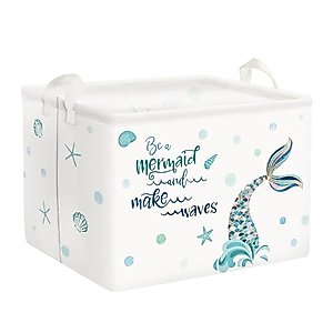 Clastyle Blue Mermaid Storage Basket for Girls Rectangle Starfish Shell Shelf Basket Clothes Books Toy Storage Cube, 36L