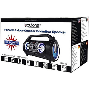 Boytone BT-16S Portable Bluetooth Boombox Speaker, Indoor/Outdoor, 25W, Loud Sound, Deeper Bass, EQ, 5" Subwoofer, 2 x 3 Tweeter, FM, 9H Playtime, USB, Micro SD, AUX, Microphone, Recording, LED Light