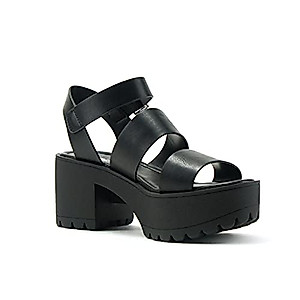 Soda ACCOUNT ~ Women Open Toe Two Bands Lug sole Fashion Heel Sandals with Adjustable Ankle Strap (Black, numeric_7)