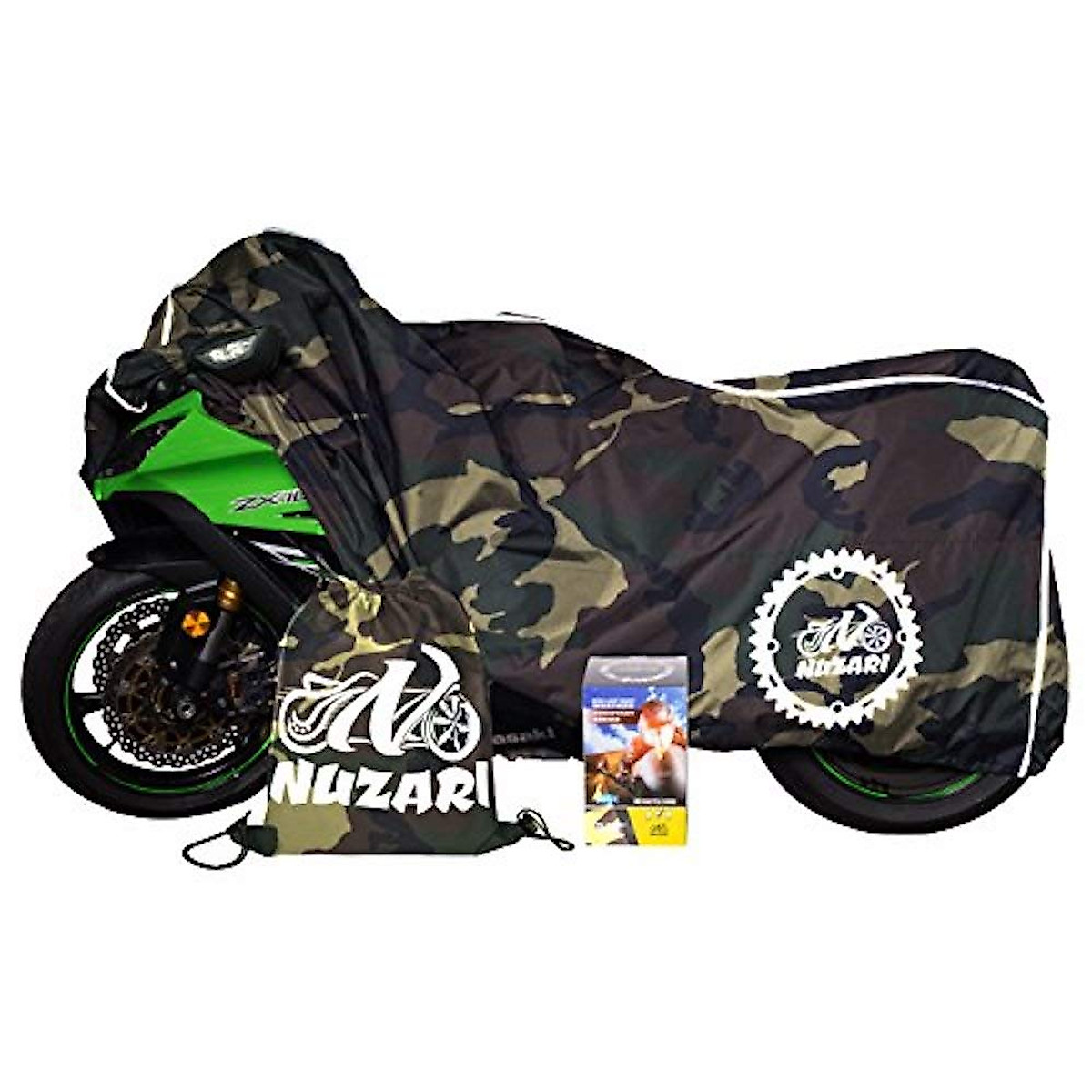Breathable Motorcycle Cover W/Elastic Bottom. Premium Heavy Duty Outdoor Waterproof All Season Polyester W/Soft Screen Shield. Universal Heat Resistant Lockable Fabric (Camouflage, Medium)