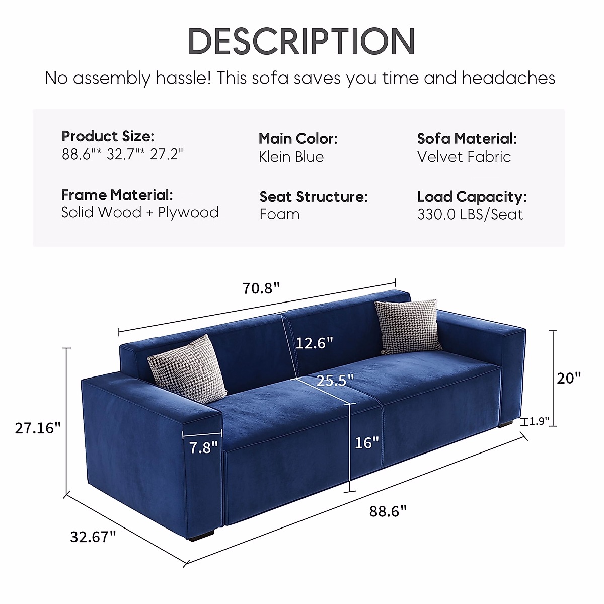 Yoglad 88.6" 3-Seater Modern Minimalist Sofa with Square Armrests, Oversized Seat Velvet Couch and 2 Pillows, Right Angles Geometry Loveseat Furniture for Living Room Small Apartment (Klein Blue)