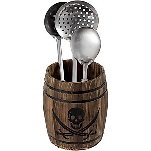 MyGift Rustic Burnt Wood Pirates Rum Cask Style Kitchen Utensil Crock, Vintage French Wine Barrel Cooking Tools Holder with Skull and Cutlass Sword Design