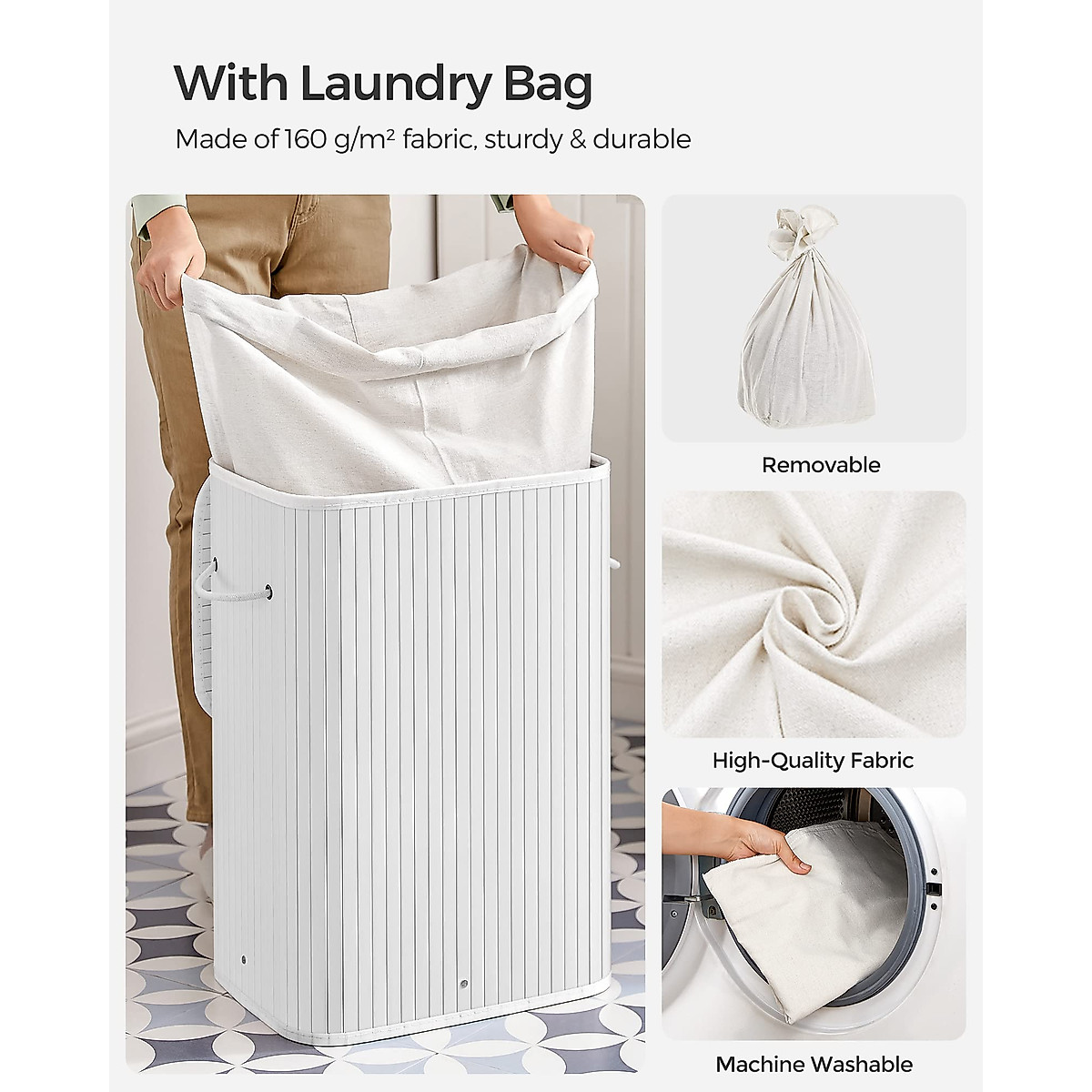 SONGMICS Foldable Laundry Hamper with Lid, 19 Gal. Bamboo Laundry Basket, Rectangular Storage Hamper with 3 Handles, 15.7 x 11.8 x 23.6 Inches, for Laundry Room, Bedroom, White ULCB010W01