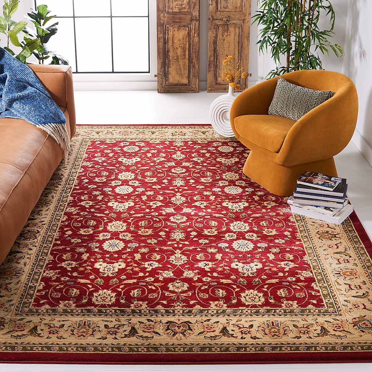 SAFAVIEH Lyndhurst Collection Area Rug - 9' x 12', Red & Ivory, Traditional Oriental Design, Non-Shedding & Easy Care, Ideal for High Traffic Areas in Living Room, Bedroom (LNH312A)