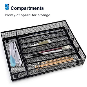 Ipanda Cutlery Tray, Cutlery Organizer, Non-Silp 5 Compartments Utensil Drawer Storage, Kitchen/Office, Steel Mesh Silverware Drawer/Holder/Divider (Black)