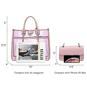 Large Clear Tote Bag Top handle Bag for Women Handbag Messenger Crossbody Purse With Turn Lock Closure (2 Sets) (Pink)