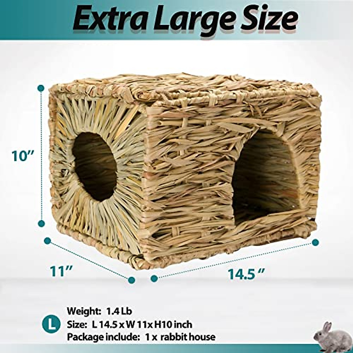 HERCOCCI Extra Large Grass House for Rabbit, Foldable & Comfortable - Small Animal Hut Play Hideaway Bed Hay Mat Chew Toy for Bunny Guinea Pig Hamster Chinchilla (1 Pack)