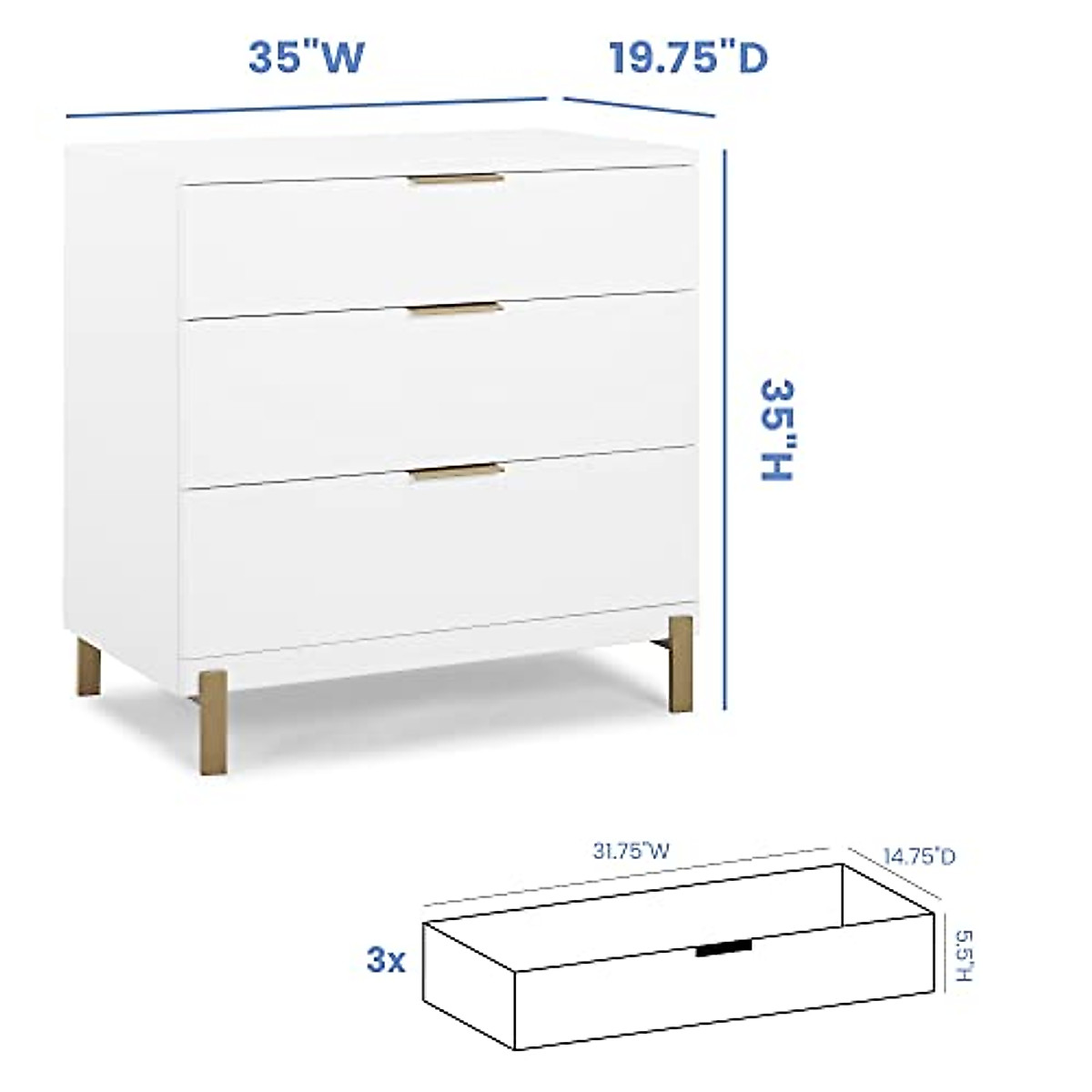 Delta Children Hendrix 3 Drawer Dresser, Bianca White/Bronze