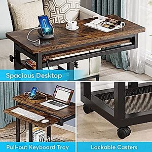 Tribesigns Small Portable Desk with Power Outlet, Height Adjustable Sofa Couch Bedside Laptop Table with Wheels, Mobile Standing Desk Rolling Computer Cart C Side Table with USB Ports