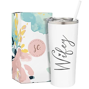 Wifey Tumbler | 22 Ounce White Engraved Stainless Steel Insulated Tumbler with Slide Close Lid and Straw | Bridal Shower | Bride To Be Gifts | Engagement Gift | Valentine's Day Gifts