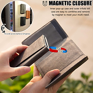 ManChDa Genuine Leather Wallet Slim RFID Blocking Magnetic Wallet for Men Trifold Wallet Aluminum Detachable Wallet Pop up Card Wallet Card Case Holder Clip Money Organizer(Grey 2)