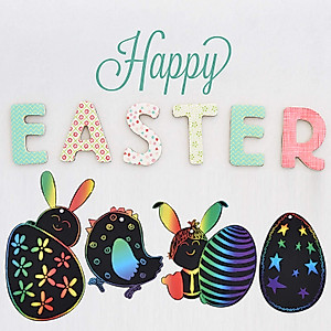 [48+48+12], Linkbro Easter Scratch Crafts Art Kit, Colorful Rainbow Scratch Paper Card, Easter Egg Bunny Chick Shape with Ribbons Wooden Scratch Tools abd Envelopes for Easter Party Egg Hunt Game