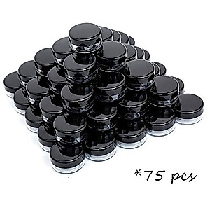 ZEJIA 3 Gram Sample Containers with Lids,75Pack Tiny Sample Jars with Labels, Mini Plastic Cosmetic Containers for Beauty Products, Lip Balms, Lotion, Powder (Black Lids)