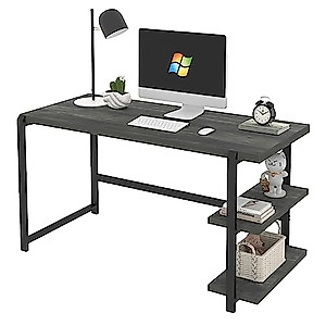 EXCEFUR Industrial Computer Desk with Shelves, 55 inch Rustic Wood and Metal Work Study Writing Table for Home Office, Grey