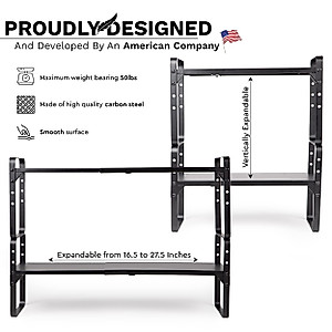 Expandable Kitchen Cabinet Shelf Organizers - Adjustable Height & Width Shelf Riser - Stackable Shelves - Pantry Shelf Organizer Rack - Cupboard Cabinet Storage Shelf Rack - Countertop Organizer