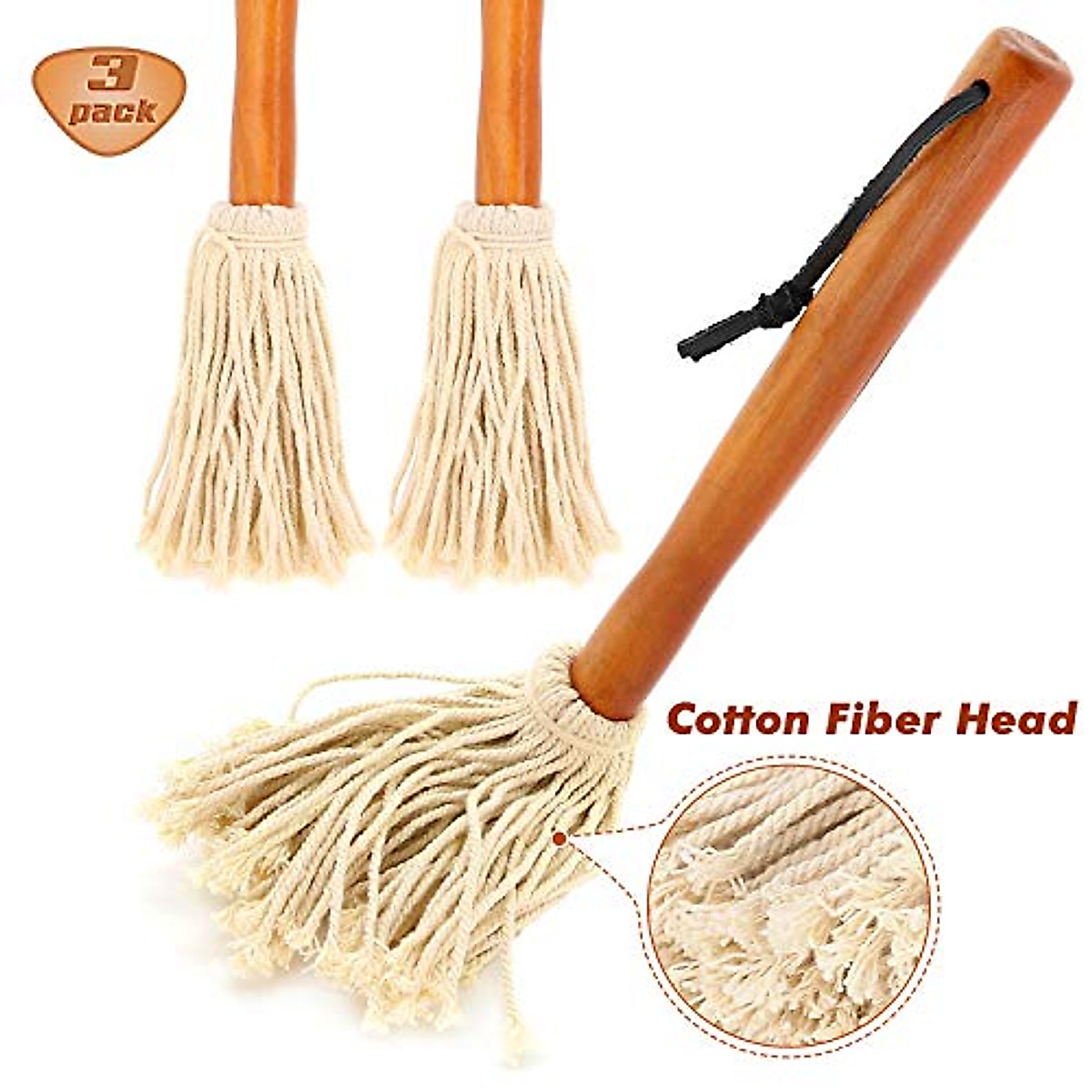 12" BBQ Sauce Basting Mops & Brushes for Roasting or Grilling, Apply Barbeque, Marinade or Glazing, Cotton Fiber Head and Hardwood Handle, Dish Mop Style, Perfect for Cooking or Cleaning - Pack of 3