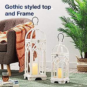 Glitzhome Farmhouse Decorative Lanterns Wooden Candle Lantern Church Window Frame Lanterns for Wedding Mantle Entryway Home Patio Balcony Garden, Pack of 2, Wash White, No Glass