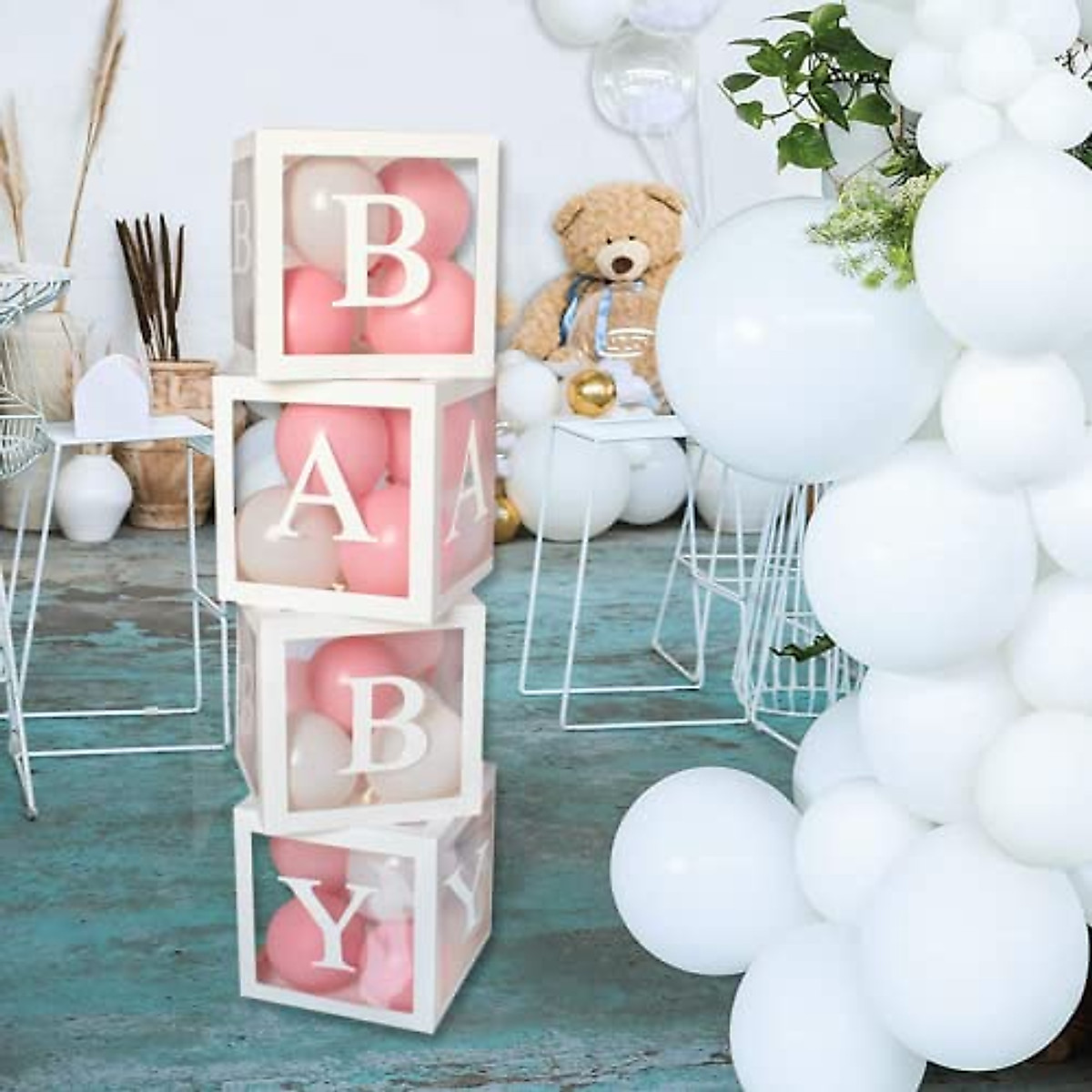 Baby Shower Decorations Large Transparent Balloons Decor Baby Box Baby Blocks Decorations for Baby Shower Boy Girl 1st Birthday Party Decorations by QIFU (White Baby Blocks)