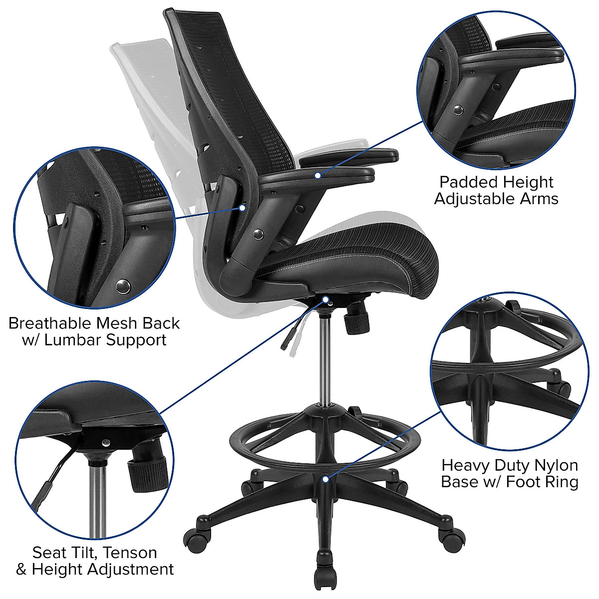 Flash Furniture High Back Black Mesh Spine-Back Ergonomic Drafting Chair with Adjustable Foot Ring and Adjustable Flip-Up Arms