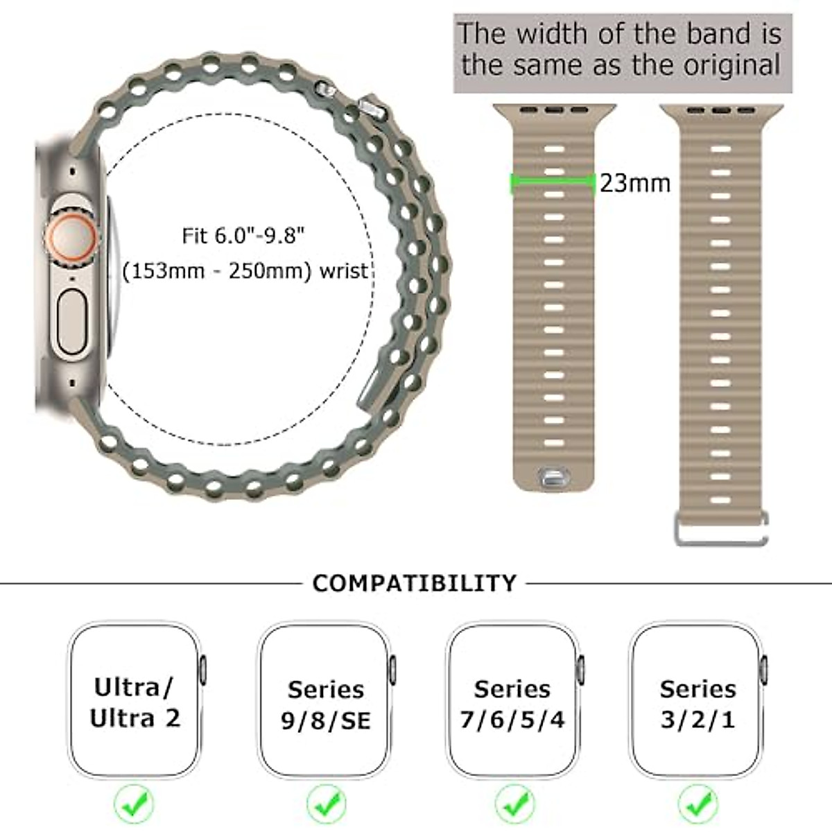 Anlinser Bands Compatible with Apple Watch Band 49mm 45mm 44mm 42mm, Adjustable Sport Loop Designed for Apple Watch Ultra 2/Ultra SE Series 9 8 7 6 5 4 3 (Khaki/Gray Green)