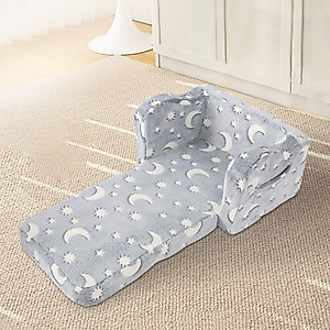 Snowmini Kids &Toddler Couch,Kids Sofa Couch Fold Out,Toddler Chair for Kid 2 in 1,Convertible Sofa to Lounger for Playroom,Baby Couch with Glowing at Night,Grey